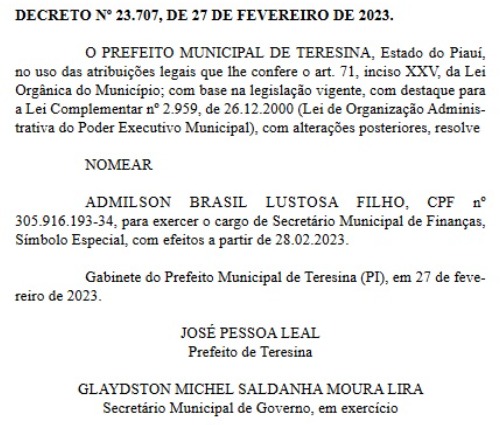 Dr. Pessoa nomeia Admilson Brasil para o cargo de Secretário Municipal ... Dr. Pessoa nomeia Admilson Brasil para o cargo de Secretário Municipal ...