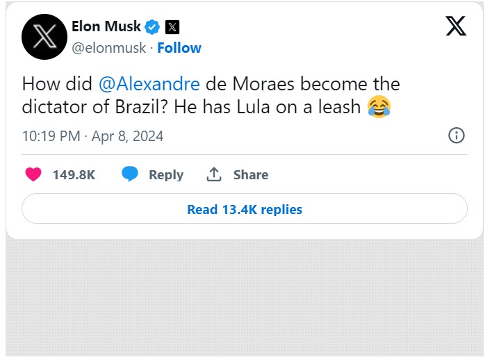 Elon Musk agora ataca Lula e diz que Moraes tem presidente numa “coleira” - 180graus - O Maior ...